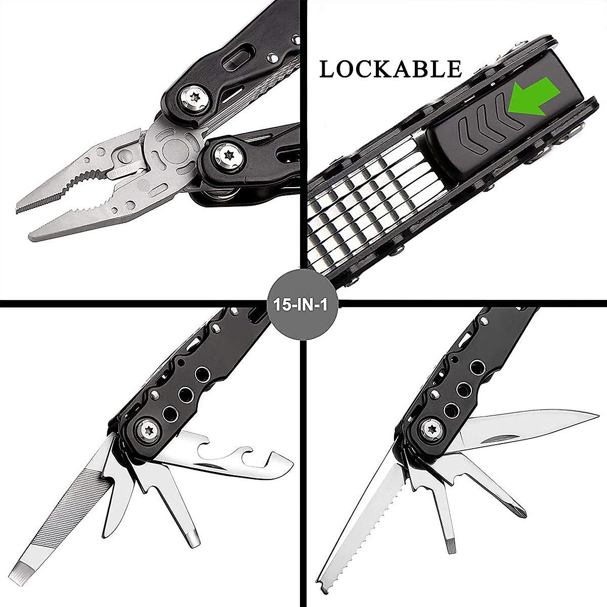 Multitool Knife for Men, Pliers Tools 15 in 1 Multi Tool with Safety Lock Screwdrivers Saw Bottle Opener Durable Sheath Perfect for Camping Survival Hiking