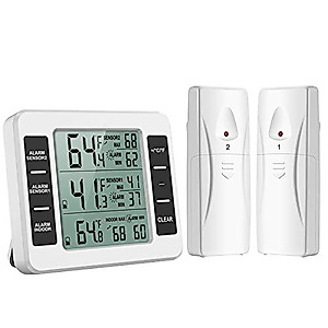 ORIA Refrigerator Thermometer, Wireless Digital Freezer Thermometer with 2 Wireless Sensors, Wireless Indoor Outdoor Thermometer, Audible Alarm, Min and Max Display, LCD Display for Home, Restaurants