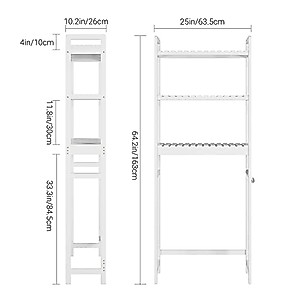 Bamboo Over-The-Toilet Storage Rack, 3-Tier Bathroom Organizer Over Toilet with 6 Hooks, Bathroom Freestanding Shelf for Home, Kitchen, 24.4” L X 10.24” W X 64.17” H, White