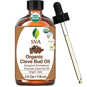 SVA Clove Bud Essential Oil Organic – 4 Fl Oz – 100% Natural Organic Clove Oil - for Diffuser, Hair Care, Face, Skin Care, Aromatherapy, Scalp and Body Massage, Soap and Candle Making - with Dropper