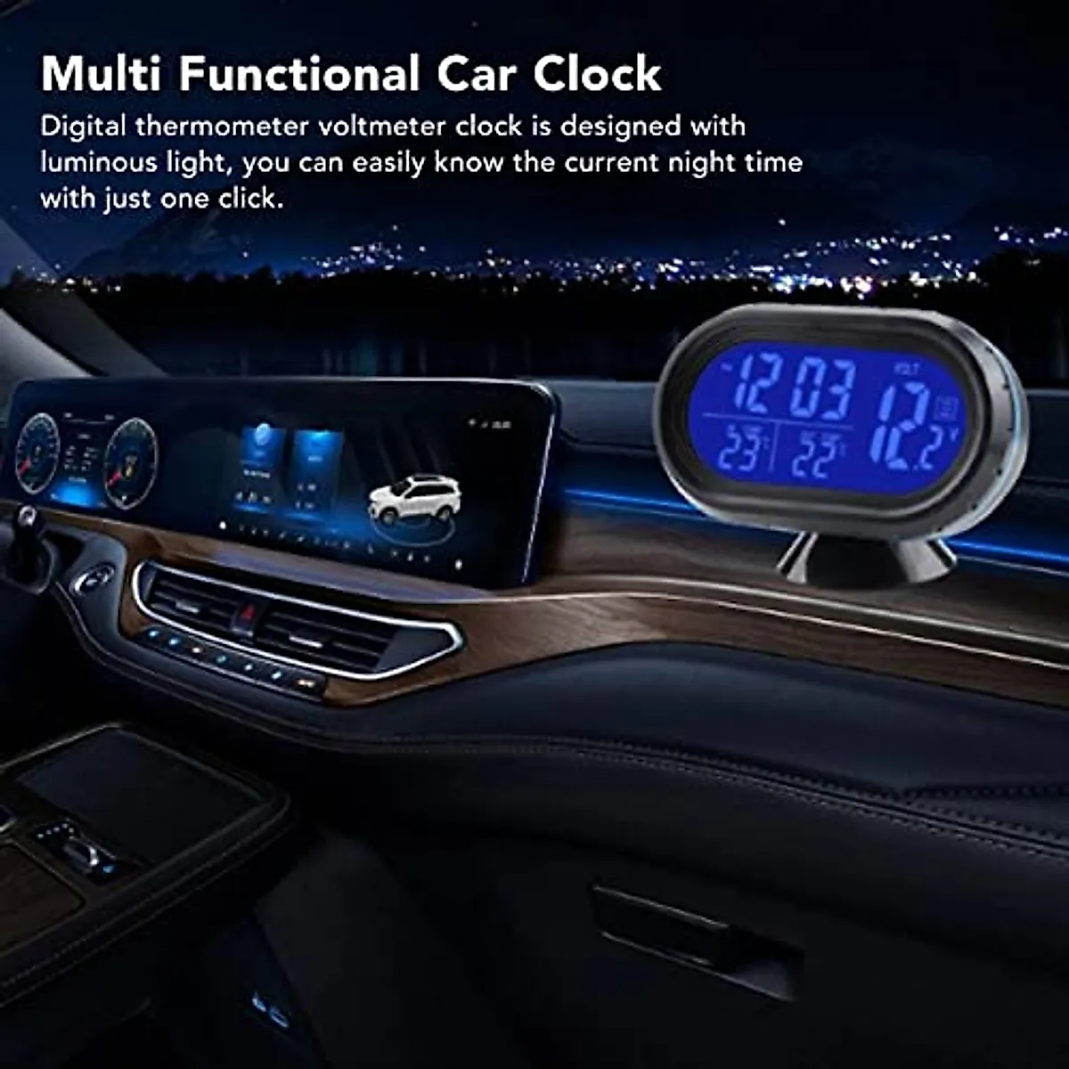 Thermometer Voltmeter Clock, LCD Color Display Multi Functional Digital Car with Luminous Light 12‑24V Angle Multifunctional Truck Orange Blue (Orange with Green)