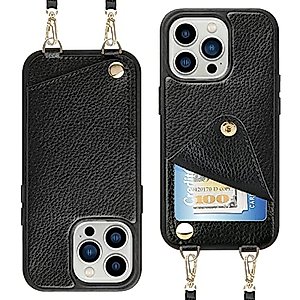 JLFCH ROMIELA Series iPhone 14 Pro Crossbody Case with Card Holder Wrist Strap, iPhone 14 Pro Wallet Case Chain Lanyard Leather Purse Women Protective for Apple iPhone 14 Pro, 6.1 inch - Black