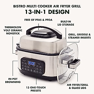 GreenPan Stainless Steel 13-in-1 Air Fryer Slow Cooker & Grill, Presets to Steam Saute Broil Bake and Cook Rice, Healthy Ceramic Nonstick and Dishwasher Safe Parts, Easy-to-use LED Display