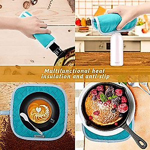 Oven Mitts and Pot Holders Set 4Pcs, Oven Mitt 572F Heat Resistant for Kitchen, Soft Cotton Lining Oven Gloves with Non-Slip Silicone Surface for Cooking Baking Grilling(Turquoise)