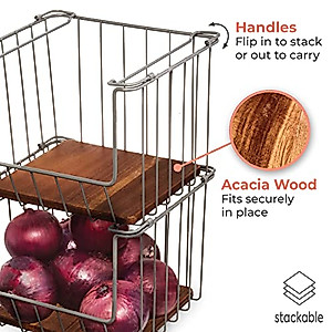 The Ría Safford Collection by iDesign Open Front Wire Basket with Acacia Wood, 10" x 10" x 8", Charcoal