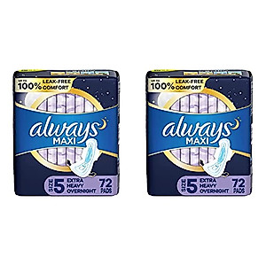 Always Maxi Overnight Pads with Wings, Size 5, Extra Heavy Overnight, Unscented, 72 Count (Pack of 2)