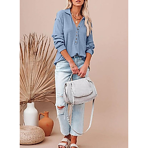 Dokotoo Business Casual Outfits for Women Stand Collar V Neck Button Up Long Sleeve Sweatshirt Solid Color Ribbed Henley Shirts Tunic Tops Knit Shirt Sky Blue Large