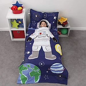 Everything Kids Space Astronaut - Navy, Green & Yellow Glow in The Dark 4Piece Toddler Bed Set - Comforter, Flat Top Sheet, Fitted Bottom Sheet & Reversible Pillowcase, Navy, Green, Yellow, White