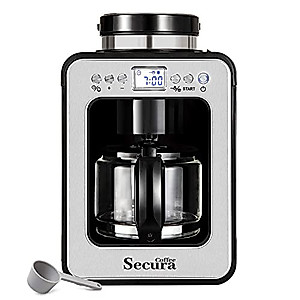 Secura Coffee Automatic Coffee Maker with Grinder, Programmable Grind and Brew Coffee Machine for use with Ground or Whole Beans, 17 oz Glass Carafe, Black (CM6686AT)