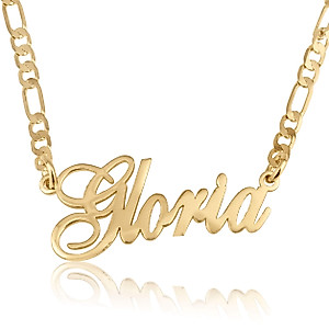 Beleco 18k Gold Plated or Sterling Silver 925 Custom Name Necklace - Personalized Name Plate Necklace for Men & Women with Elegant Figaro Chain, 15 Font Style | Customized & Personalized Necklaces