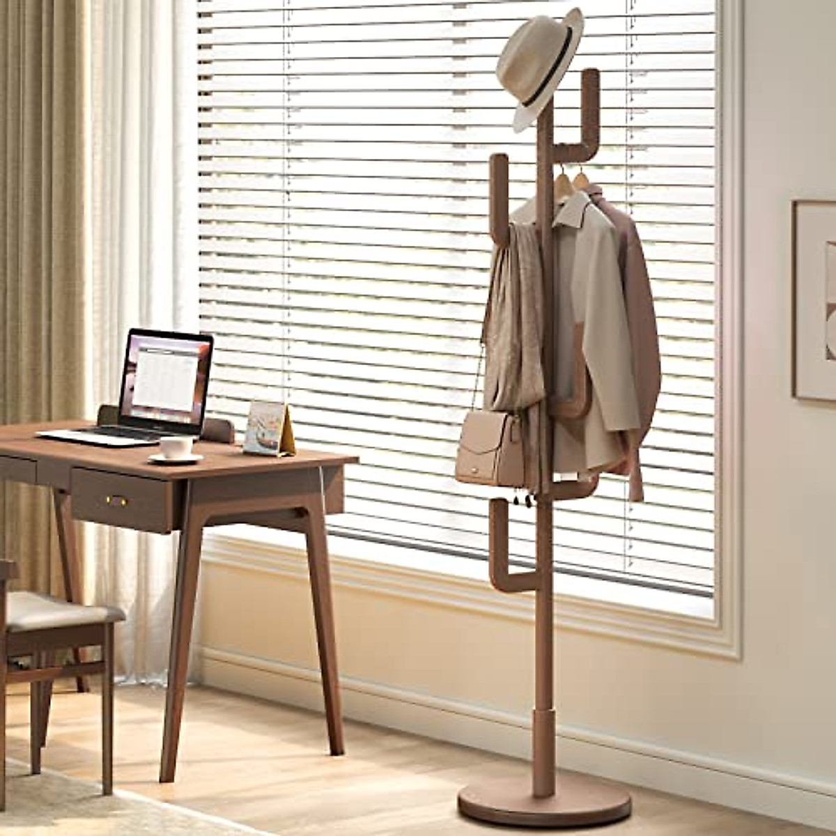 KASLANDI Coat Rack,Unique Design Cactus Coat Rack Freestanding，FAS Grade Rubber Wood,Adjustable Height Wooden Coat Rack Stand with 6 Hooks, Coat Tree Easy to Assemble (Walnut)