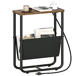 YATINEY Narrow End Table with Charging Station, Slim Side Table with Storage, Skinny End Table with Magazine Holder, Narrow End Table, Nightstand for Bedroom, Living Room, Rustic Brown ET05BR