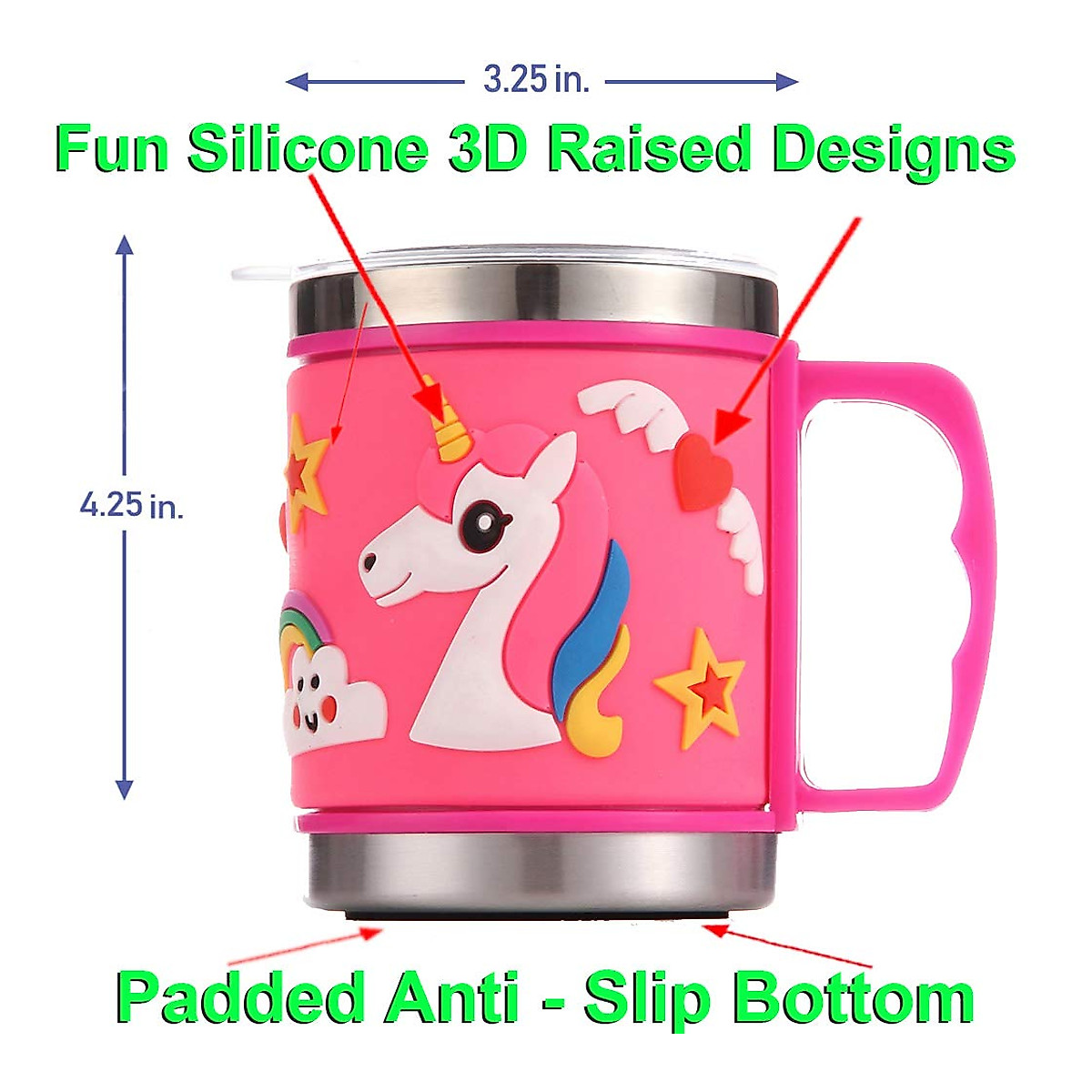 F-32 12 Oz Kids Stainless Steel Unicorn Pink 3D Mug with 2 Pack Slider Closure Lids - Eco-Friendly - BPA Free Signature Collection (Unicorn Pink)