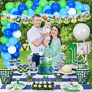 129 PCs Hole In One First Birthday Decorations, Fiesec Golf 1st Party Decorations Backdrop Balloon Garland Banner Tablecloth Cake Cupcake Topper Box Cutout Crown Poster Golf Club Ball Green Blue