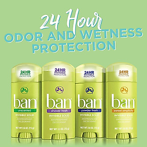 Ban Invisible Solid Antiperspirant Deodorant for Women and Men, 24-Hour Underarm Odor & Sweat Protection, Shower Fresh, 2.6 Oz, Pack of 4