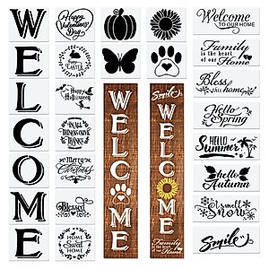 WELCOME Letter Stencils for Painting on Wood Canvas and More - Reusable Large Alphabet Calligraphy Font for Home and Front Door, Porch or Outside Decoration Fabric Chalkboard Plastic