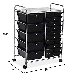 RELAX4LIFE Storage Drawer Carts W/15-Drawer,Rolling Wheels Semi-Transparent Multipurpose Mobile Rolling Utility Cart for School, Office, Home, Beauty Salon Storage Organizer Cart (Black)