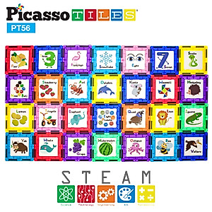 PicassoTiles Magnetic Building Blocks with Tiles and Educational Artwork Graphic Click-in Inserts Magnet Construction Toy Set STEM Learning Kit Playset Child Brain Development PT56