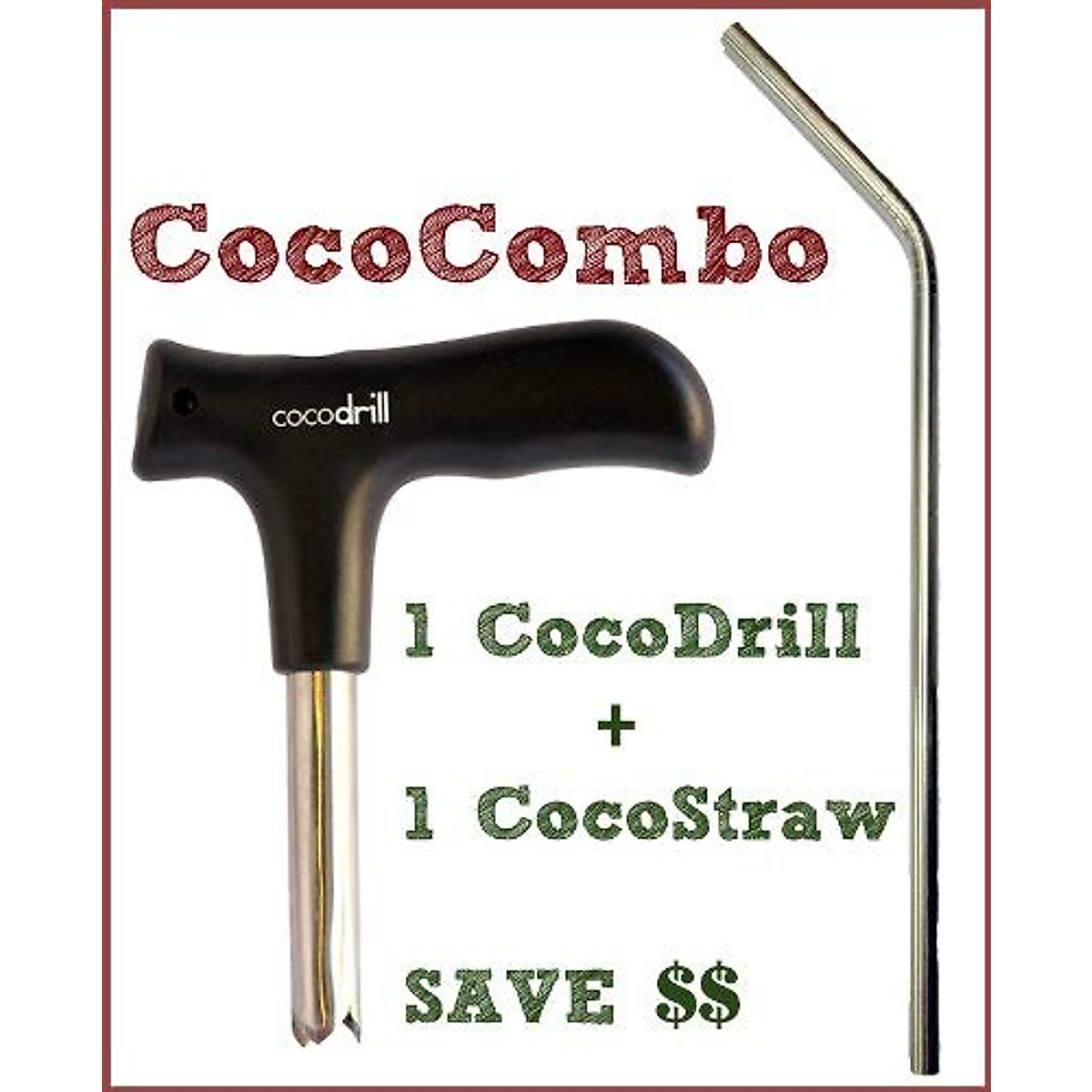 CocoDrill Coconut Opener Tool + Reusable Straw -COMBO PACK - Stainless Steel Drinking - 1 metal straw + Cleaner - Eco Friendly, SAFE, NON-TOXIC