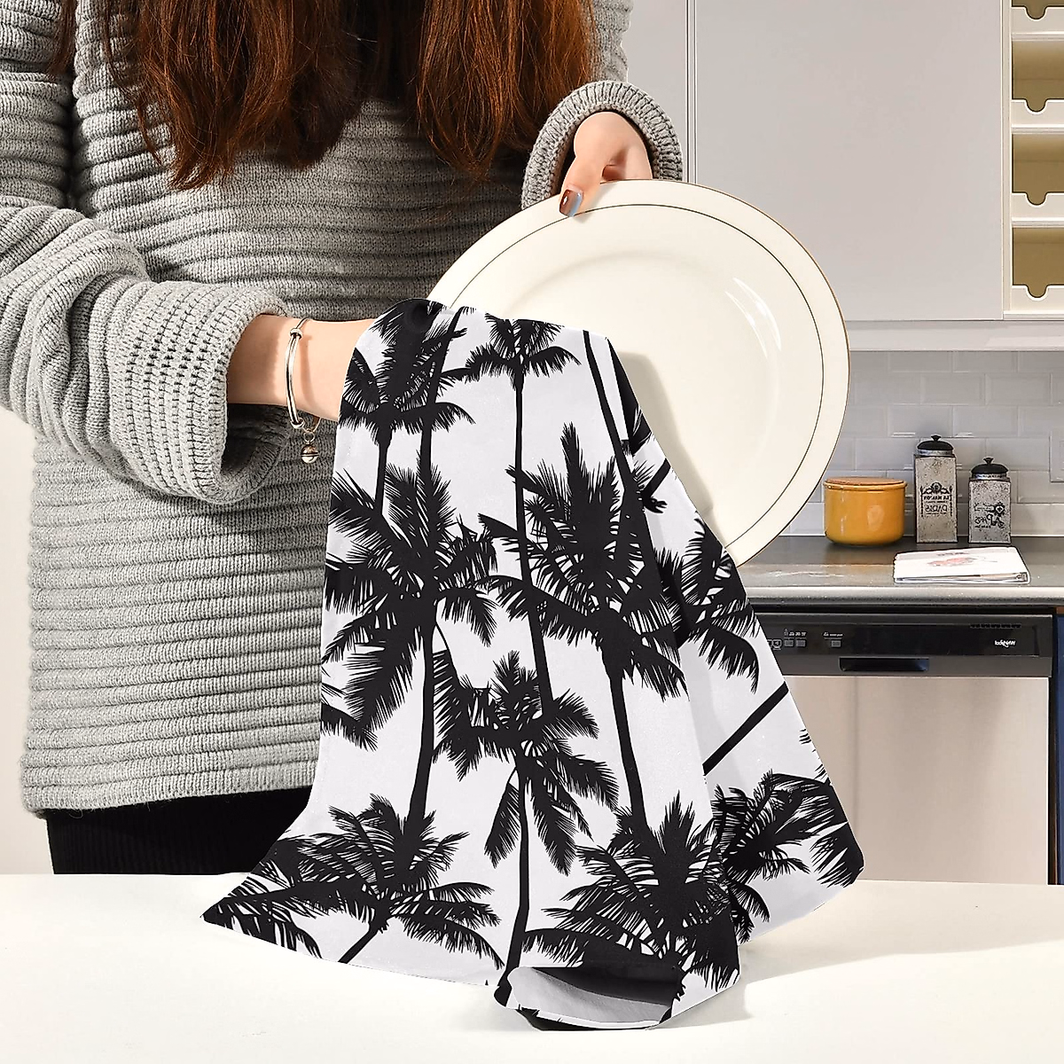ALAZA Tropical Black Palm Tree White Decorative Kitchen Dish Towels Set of 4,Soft and Absorbent Kitchen Hand Towels Home Cleaning Towels Dishcloths,18 x 28 Inch