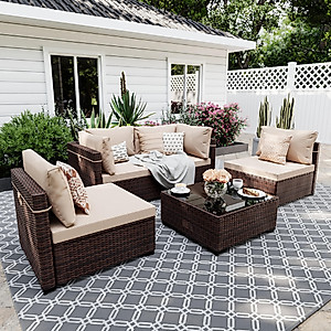 UPHA 5 Pieces Patio Furniture Sets Outdoor Sectional Sofa Wicker Conversation Couch for Decks, Backyards, Gardens, Brown Rattan, Beige Cushion