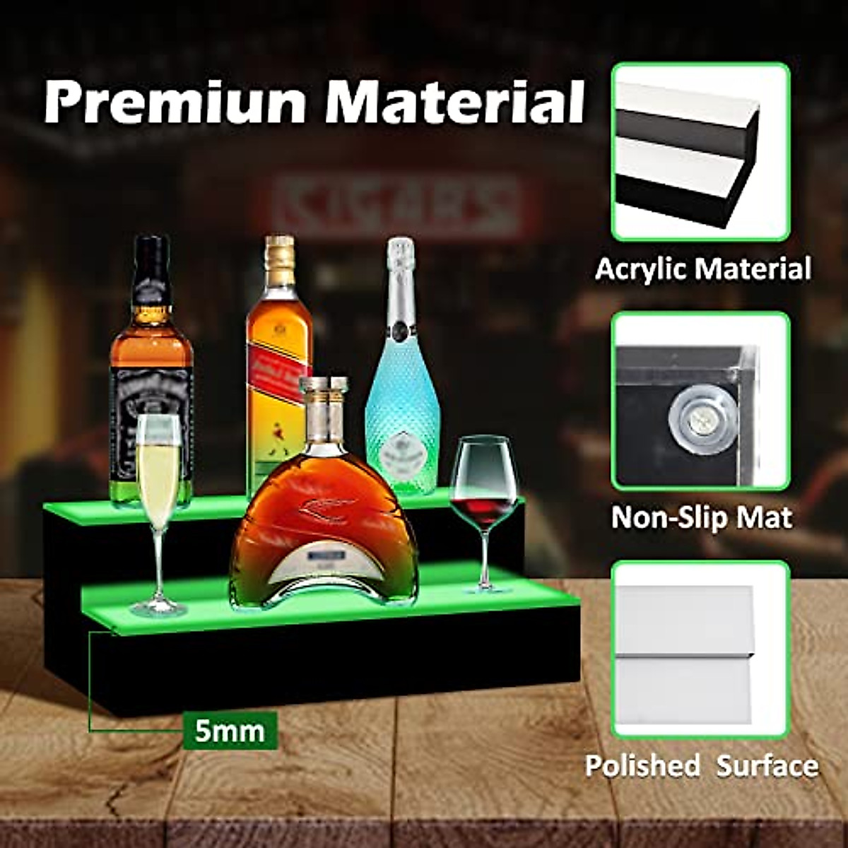 VONCI LED Lighted Liquor Bottle Display Shelf,16 Inch 2 Step Illuminated Bottle Display Shelf LED Lighted Bar Shelf with Remote Control App Control for Home Commercial Bar Party Accessories