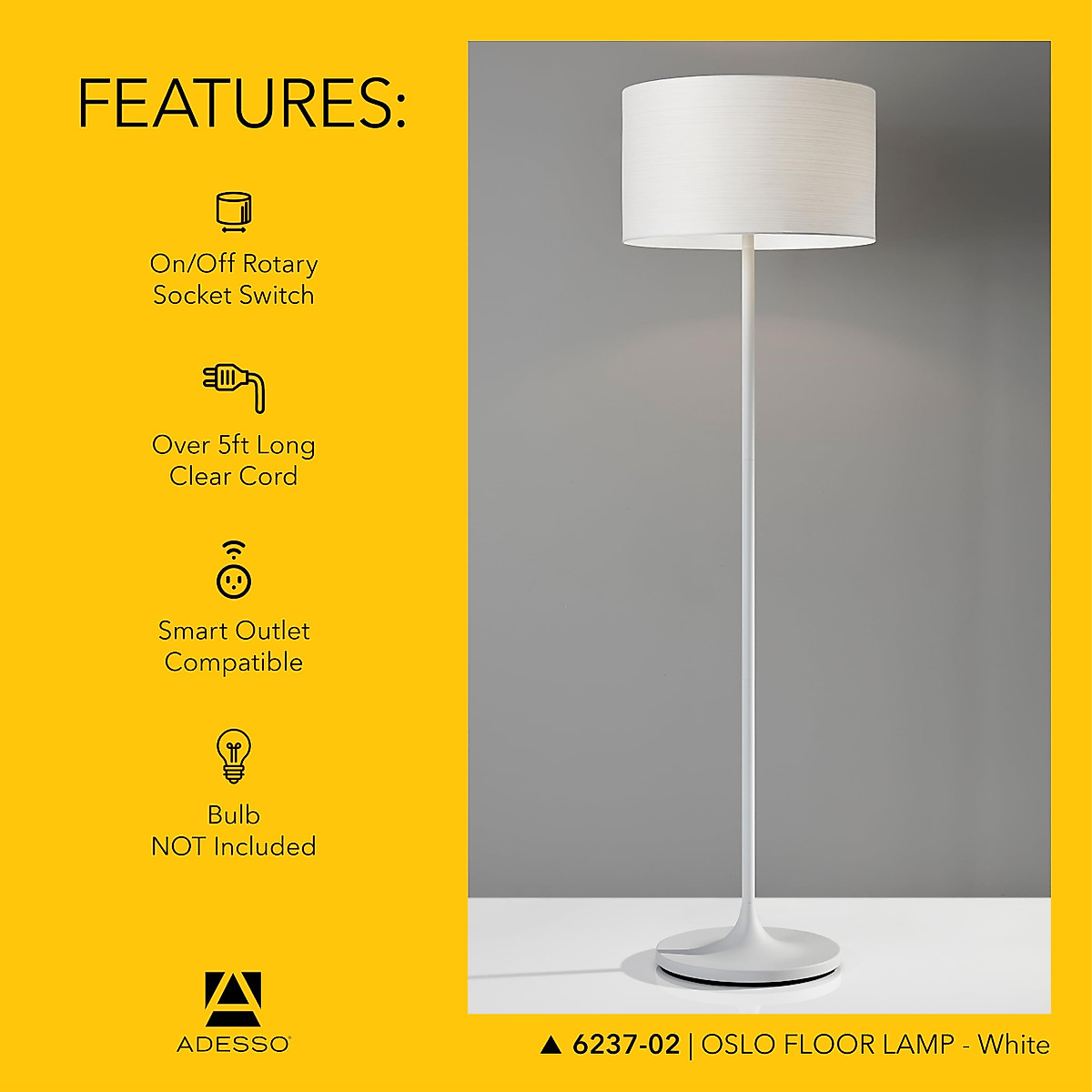Adesso 6237-02 Oslo Floor Lamp – Corrosion Resistant, Scratch Proof, White Matte Finish Lighting Equipment with Metal Body. Tools & Home Improvement,Matte White