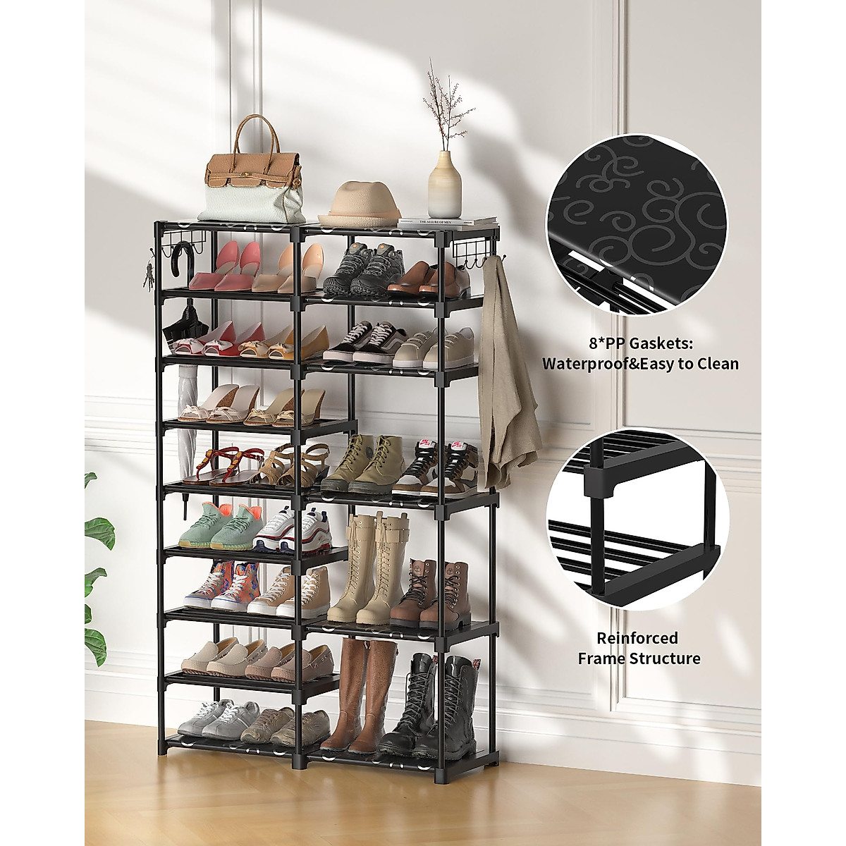 TIMEBAL 9 Tier Shoe Rack Storage Organizer for Entryway and Closet, 32-40 Pairs Shoes Shelf Organizer, Large Shoe Shelf for Boot & Shoe Storage, Stackable Shoe Rack for Garage (9 Tiers 2 Rows, Black)