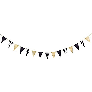 Gold Black Triangle Banner Decorations Bunting Signs for Graduation Flags Decoration Birthday Gatsby Party Nursery Classroom Anniversary Decor Golden New Year Supplies 15pcs 10 Feet (Golden Black Striped)