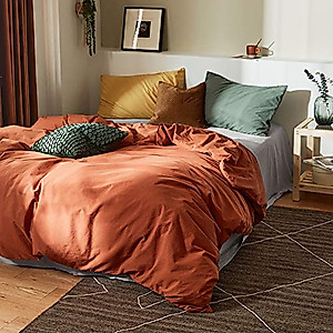 AMWAN Caramel Bedding Duvet Cover Full Queen Rust Color Comforter Cover 100% Washed Cotton Duvet Quilt Cover Brown Bedding Collection 1 Duvet Cover 2 Yellow/Green Pillowcases