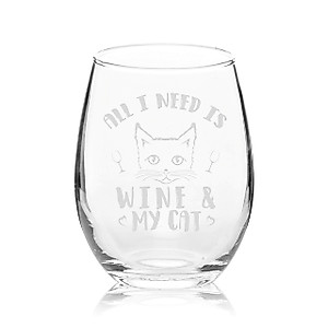 Veracco All I Need Is Wine & My Cat Stemless Wine Glass Funny Birthday Gift For Cat Mom Crazy Cat Lady Animal Lover Rescue Mom (Cat, Stemless Glass)