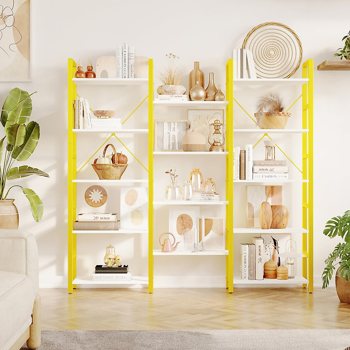 Breezestival 5 Shelf Bookcase, Corner Bookshelf Industrial Bookshelves, Wide Book Shelf with Metal Frame Open Storage Corner Cabinet for Living Room Home Office, Display Storage Rack, Golden