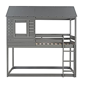Tidyard Twin Over Twin Bunk Bed Wood Loft Bed with Roof, Window, Guardrail and Ladder Gray for Bedroom Dorm Guest Room Home Furniture