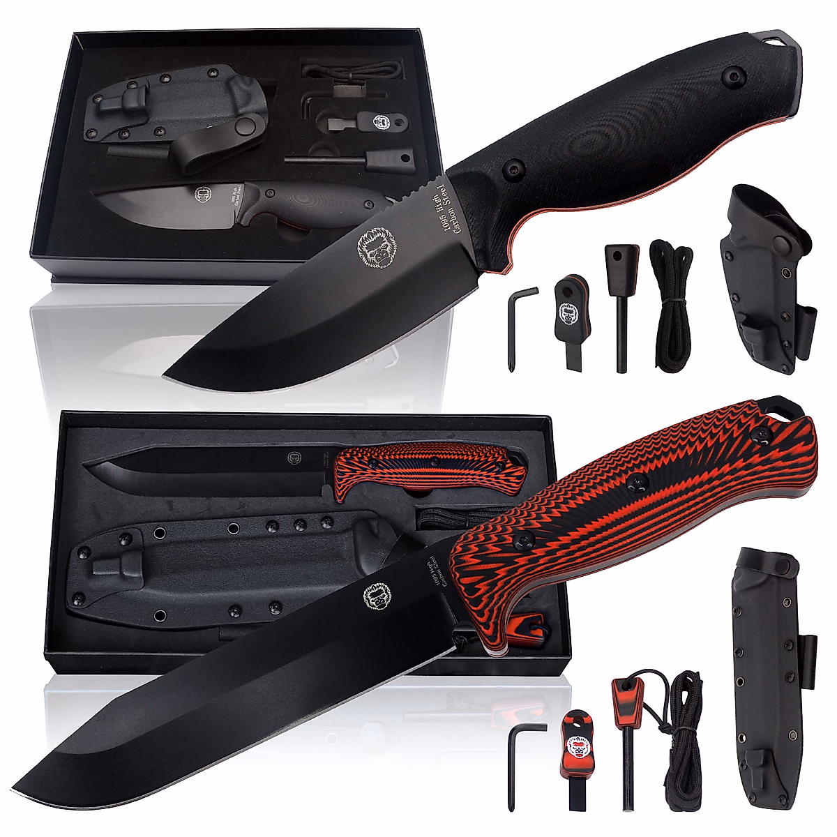 1095 High Carbon Survival Steel Knife Gift Set and Large D2 Damascus Steel Hunting Knife (Red & Black) Bundle