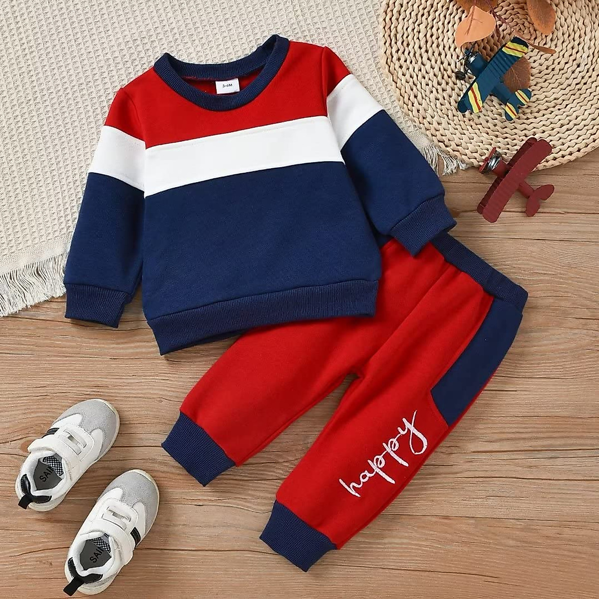 12-18 Months Boy Clothes Toddler Infant Long Sleeve Multi-Color Sweatshirt Tops + Pants Fall Winter Outfit Set 2Pcs,Red navy boy clothes 12-18M/110cm