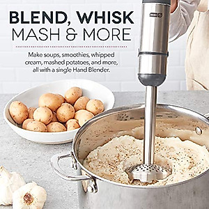 Dash Chef Series Deluxe Immersion Hand Blender, 5 Speed Stick Blender with Stainless Steel Blades, Dough Hooks, Food Processor, Grate, Mash, Slice, Whisk Attachments and Recipe Guide – Cool Grey