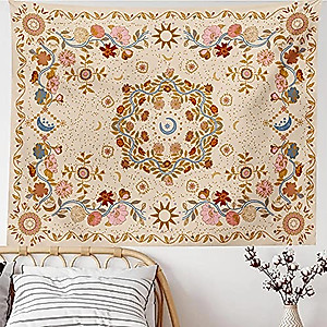 TTYQXZ Wall Tapestry Bohemian - Floral Vine Wall Hanging Celestial Sun Moon and Star Tapestries Hippie Home Decor Boho Tapestry for Bedroom Aesthetic (Cream, Medium (50ʺx 60ʺ))