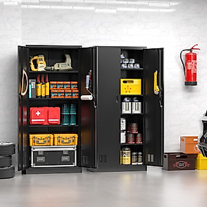 Metal Garage Storage Cabinet, Locking Garage Tool Cabinet, 71"Tall Steel Storage Cabinets with Doors and Adjustable Shelves, Locker Black Metal Tool Cabinets for Garage, Home Office, Assembly Required