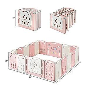 Albott Baby Playpen, Upgraded 18 Panels Foldable Fence with Game Panel and Safety Gate, Adjustable Shape, Portable Play Yards for Children Toddlers Indoors or Outdoors (Pink+White, Panel), 1.0 Sq Ft