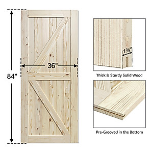 SmartStandard 36in x 84in Sliding Barn Wood Door Pre-Drilled Ready to Assemble, DIY Unfinished Solid Spruce Wood Panelled Slab, Interior Single Door Only, Natural, K-Frame (Fit 6FT-6.6FT Rail)