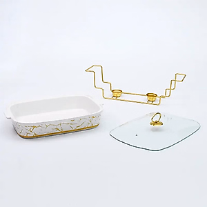 HONHPD 3PCS Rectangular Porcelain Casserole Warming Trays for Food, Ceramics Chafers, and Buffet Warmers Sets, Ceramics Chafing Dish Buffet Set, Gold Plating Serving Dishes(11inch.13inch.15inch）