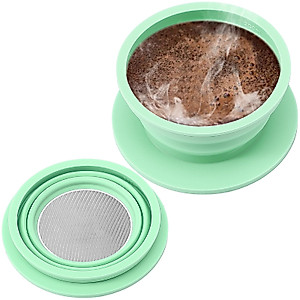 VVGCS Collapsible Travel Pour Over Coffee Maker Camping, Paperless Silicone Collapsible Pour Over Coffee Dripper with Metal Coffee Filter, Portable Coffee Strainer Pour Over Cup Single Serve (Green)