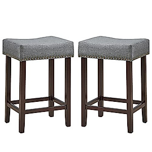 ERGOMASTER Counter Height Bar Stools Set of 2 Backless Fabric Barstools 24-Inch Modern Wood Saddle Bar Stools with Nailhead Trim for Kitchen Island Counter Tabel - Grey/Brown,2-Pack