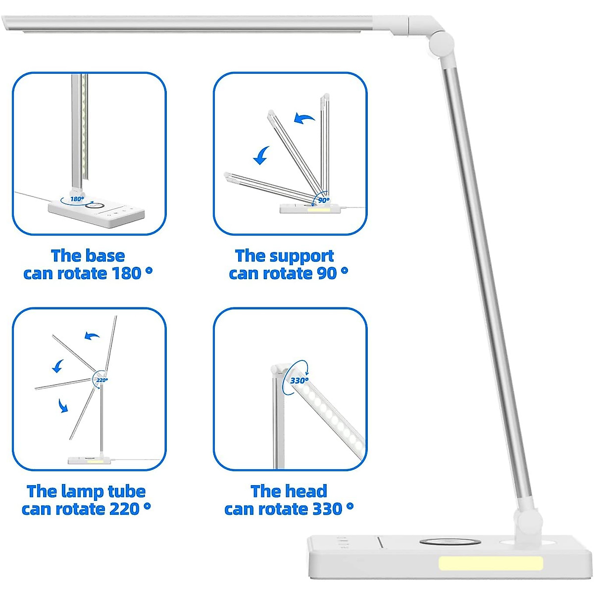 LED Desk Lamp with Wireless Charger, USB Charging Port, Touch Control Desk Lamp with 5 Color Modes, 7 Brightness Levels, Auto Timer, Dimmable Eye Caring Reading Desk Light for Study Home Office