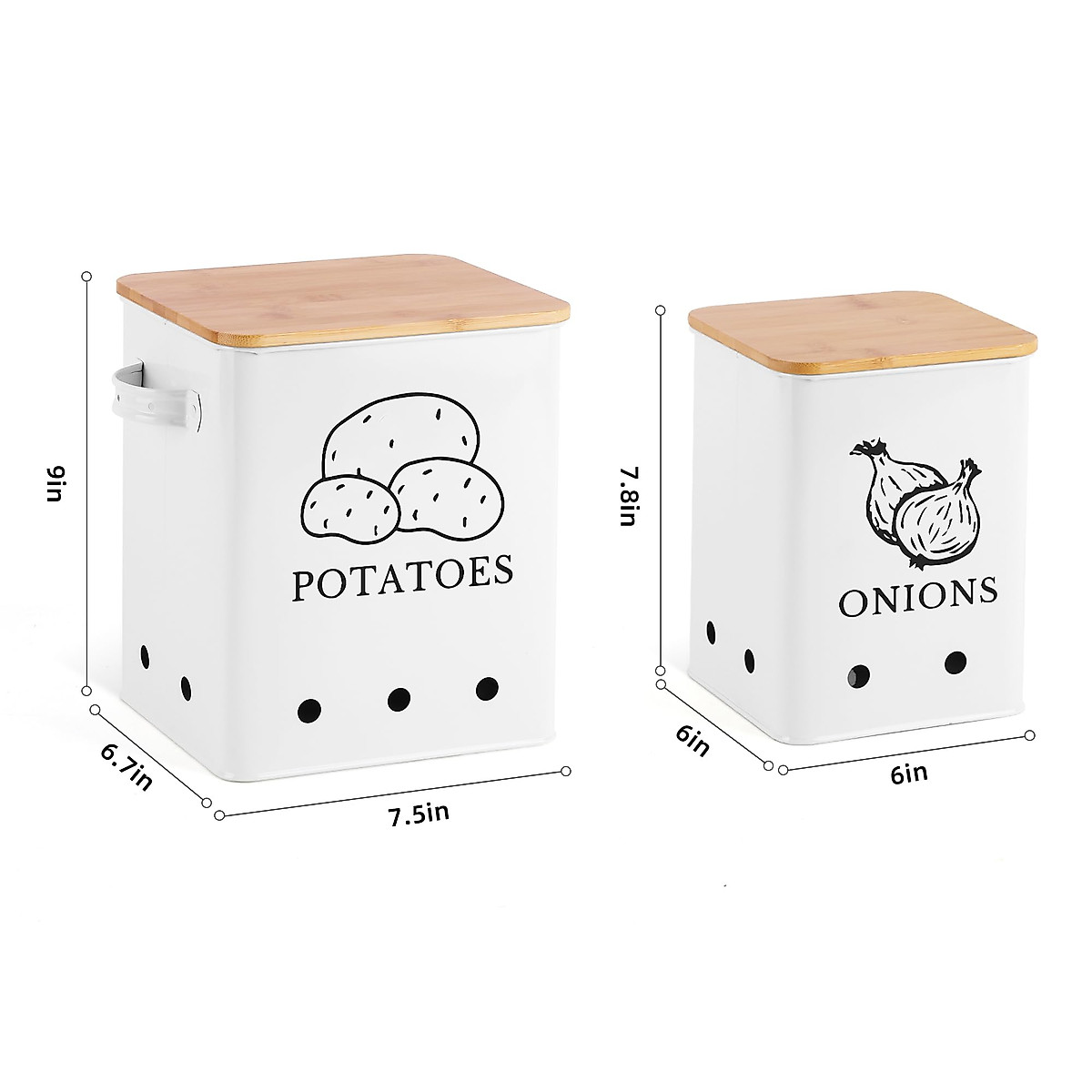Candco Set of 2 White Vegetable Storage Tins with Wooden Lids for Potatoes, Onions, and Garlic - Long Shelf Life and Convenience