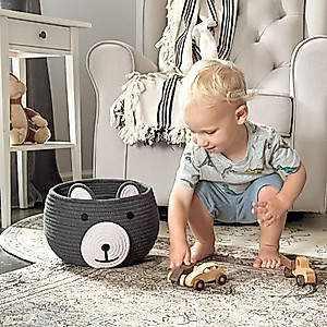 CherryNow Cute Bear Round Basket - Cotton Rope Baskets in Living Room Woven Baby Shower Basket Bedroom Storage Bakset for Children Corner Plant Basket Indoor, Grey, 10.5"D x 8.5"H