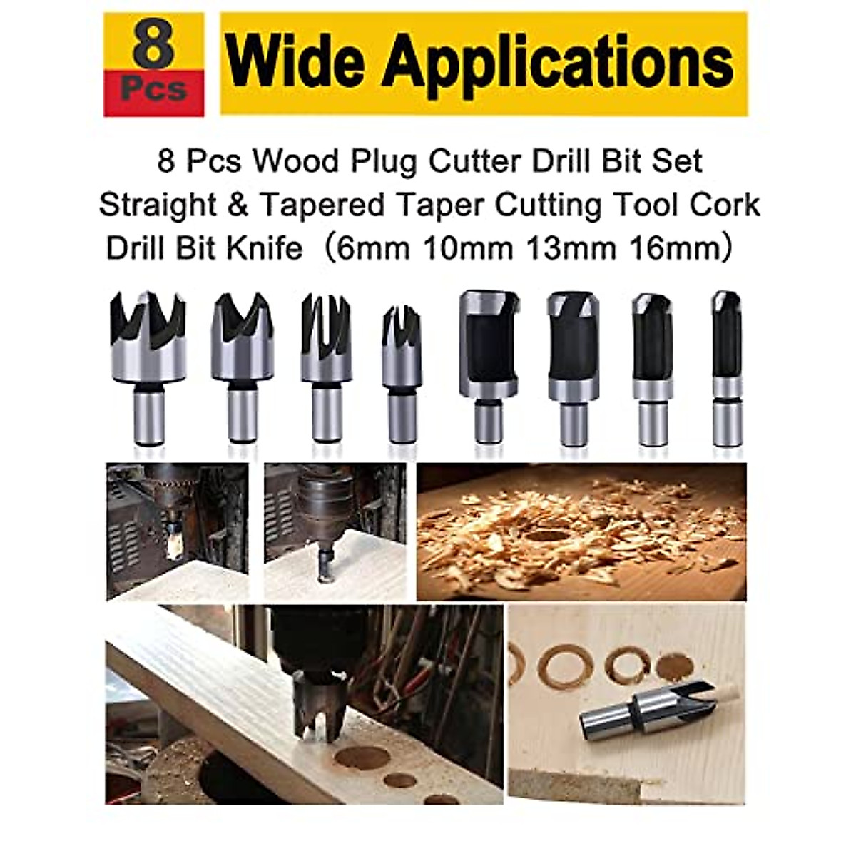 Rocaris 8pcs Wood Plug Cutter Drill Bit Set Straight and Tapered Taper Cutting Tool Cork Drill Bit Knife 6mm 10mm 13mm 16mm