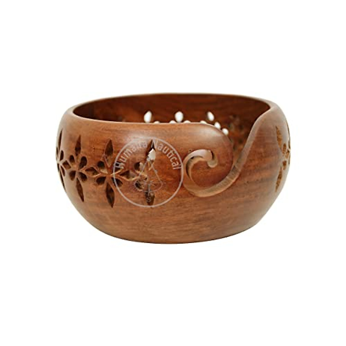 Humaira Nautical Rosewood Crafted Wooden Yarn Storage Bowl with Carved Holes & Drills | Knitting Crochet Accessories
