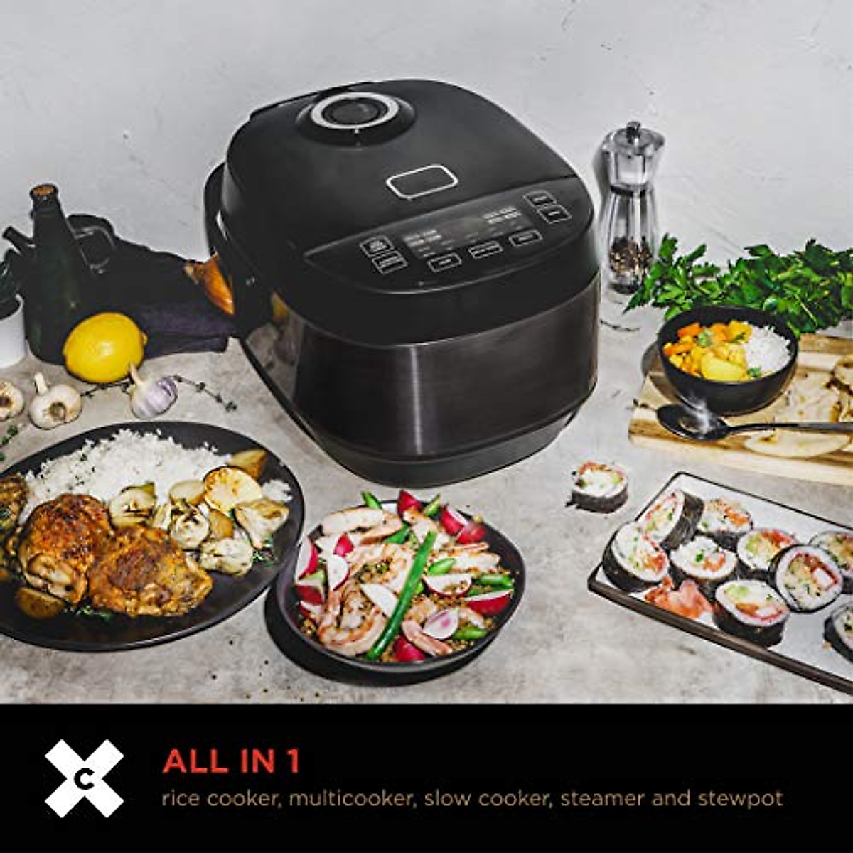 Crux 20 Cup Induction Rice Cooker, Multi-Cooker, Food Steamer, Slow Cooker, Stewpot, Easy One-Pot Healthy Meals, Dishwasher Safe Non-Stick Bowl, Black, one size