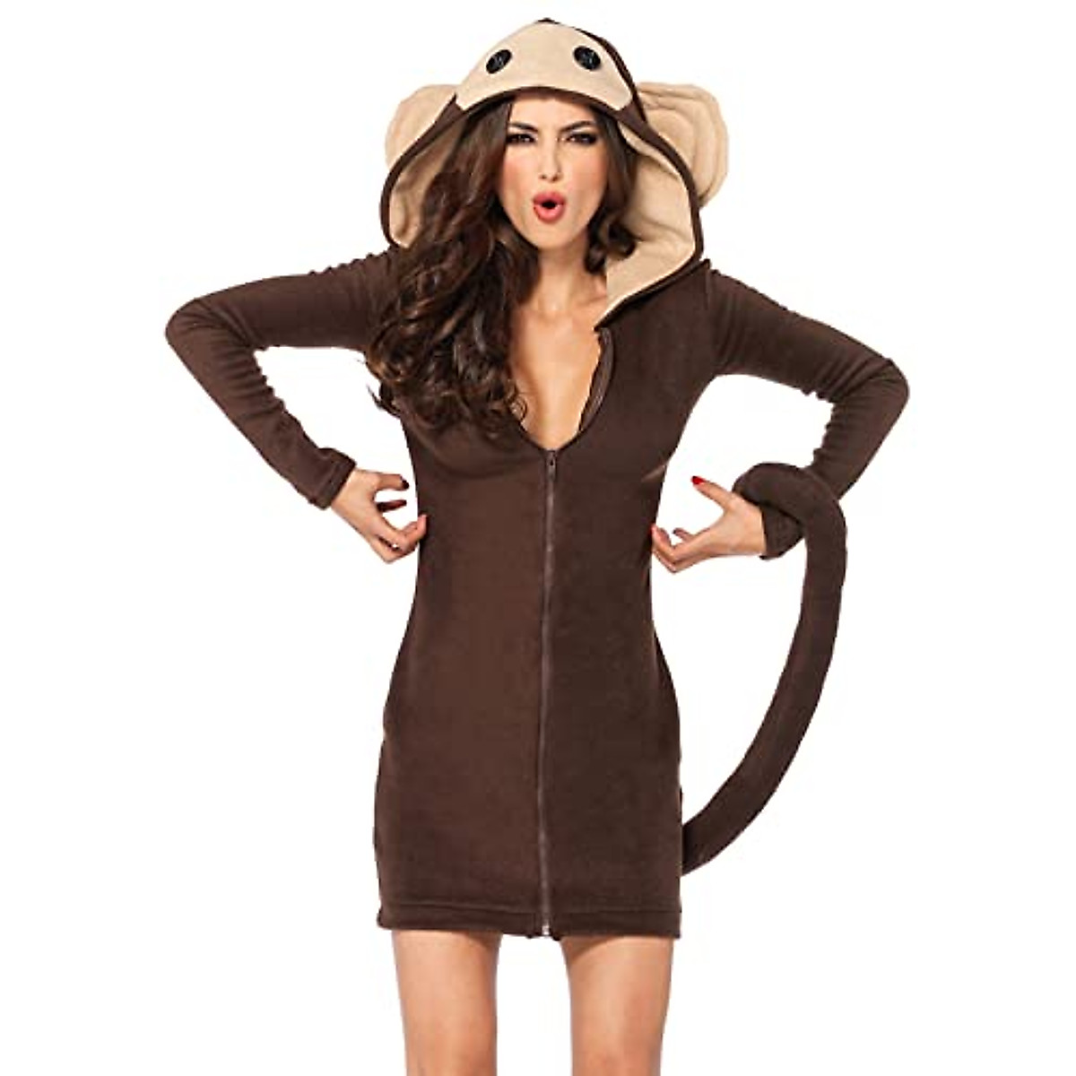 Leg Avenue Cozy Monkey Hooded Fleece Dress with Tail-Cute Halloween Costume Onesie for Women, Brown, Large